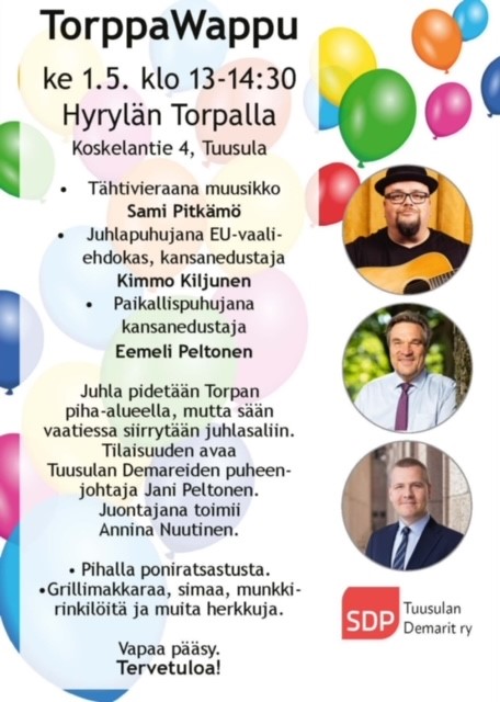 TorppaWappu 1.5.2024 klo 13-14.30, Tähtivieraana Sami Pitkämö, puhe ...